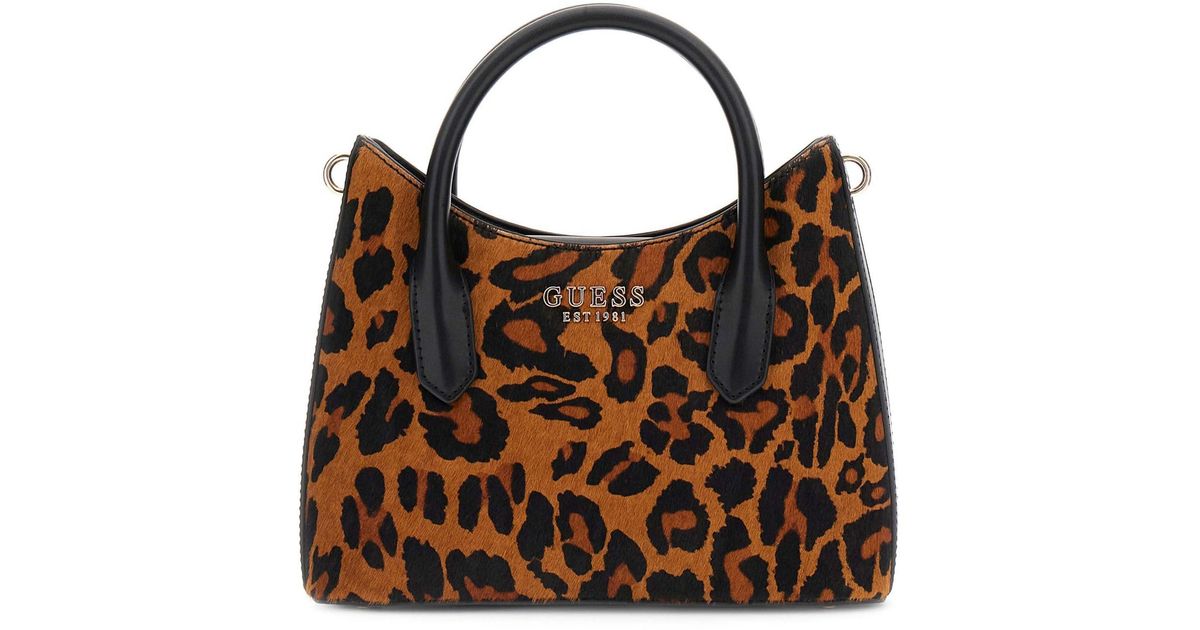 Guess Domitilla Mini Satchel Handbag Shoulder Bag Leopard Brown | Lyst UK