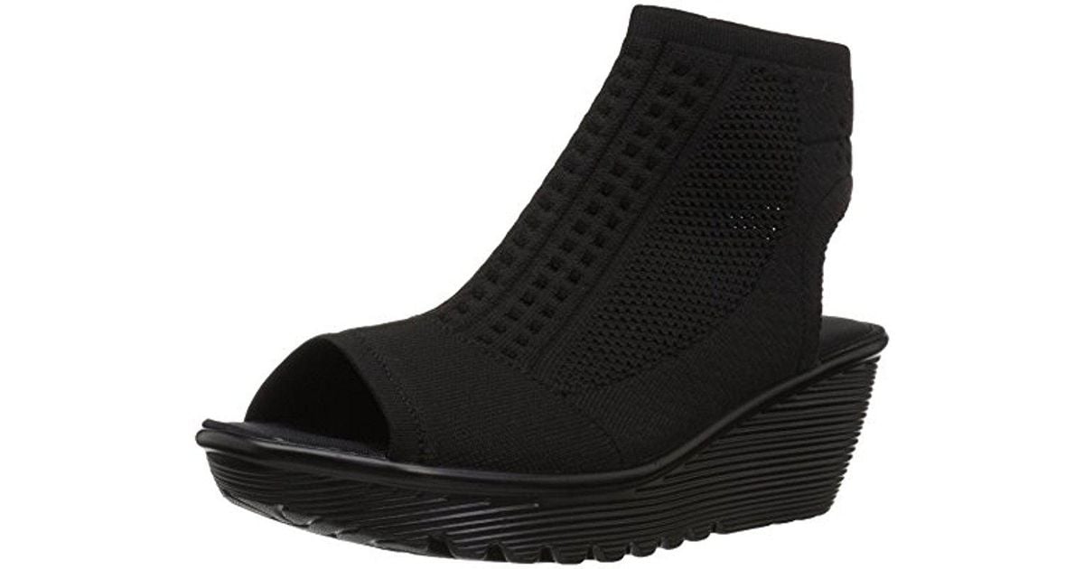 Skechers Parallel-tight Peep Toe Stretch Knit Sandal Wedge in Black | Lyst