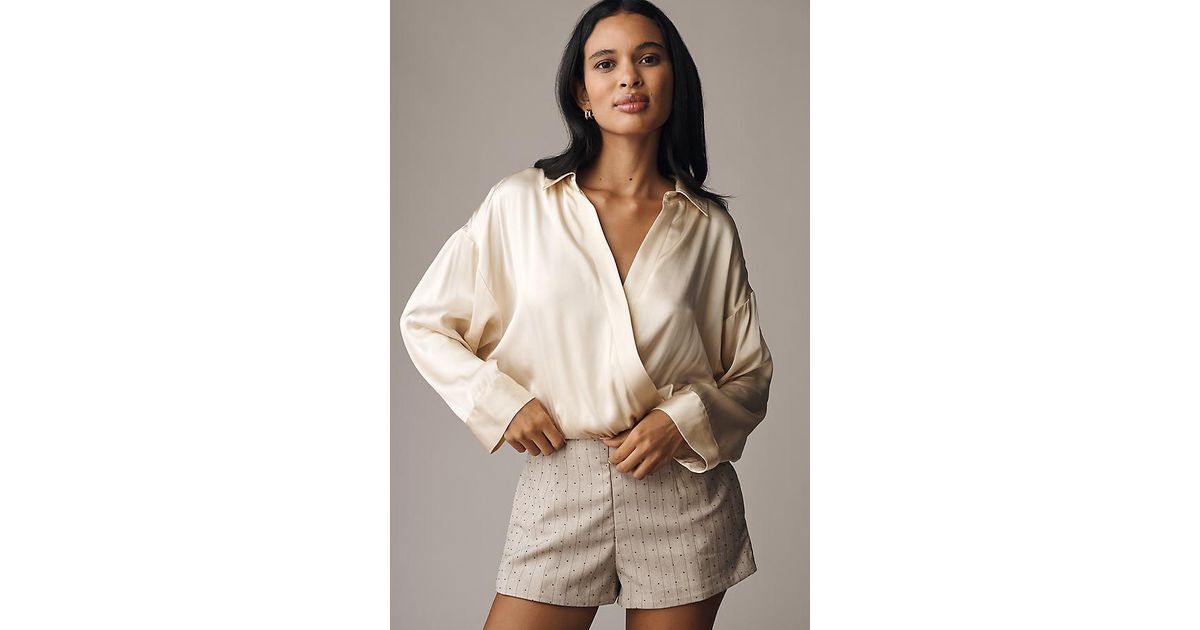 Maeve Long-Sleeve Satin Twofer Playsuit in Brown | Lyst UK
