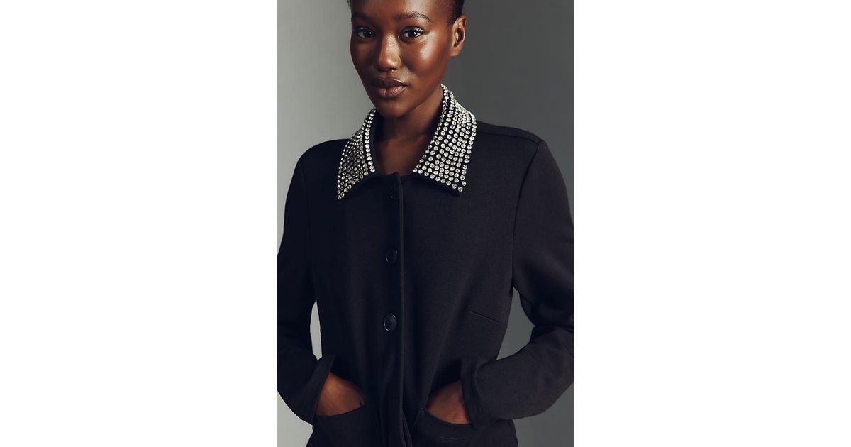 Maeve Embellished Collar Crop Knit Jacket in Blue | Lyst UK