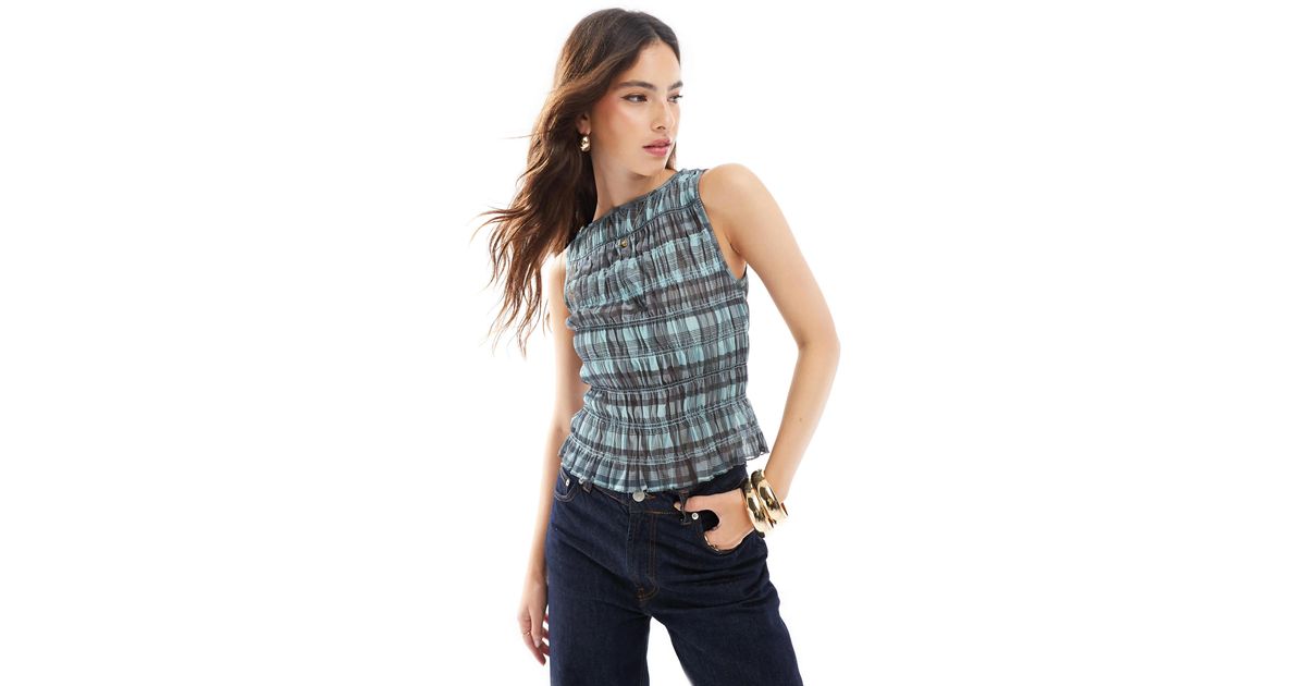 ASOS Check Mesh Shirred Tank in Blue | Lyst