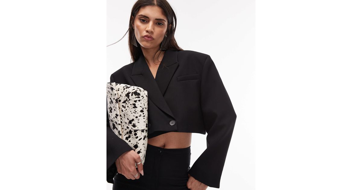 ASOS Double Breasted Crop Boxy Blazer With Shoulder Pads in Black | Lyst