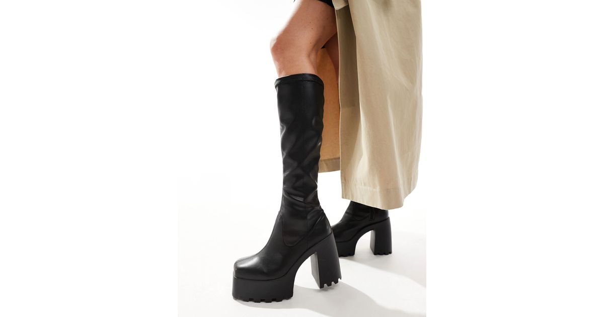 ASOS Curve Cara Square Toe Cleated Knee Boots in Black | Lyst