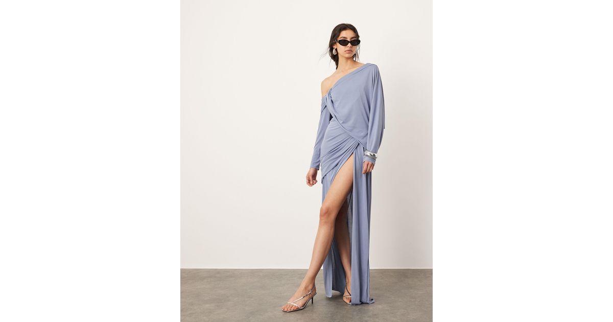 ASOS Draped Off Shoulder Maxi Dress With Waist Detail in Blue | Lyst