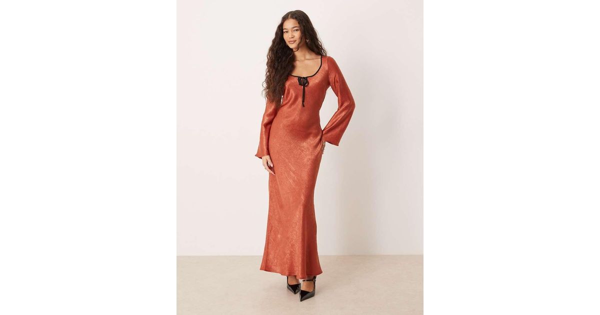 ASOS Satin Long Sleeve Scoop Neck Maxi Dress in Red | Lyst UK