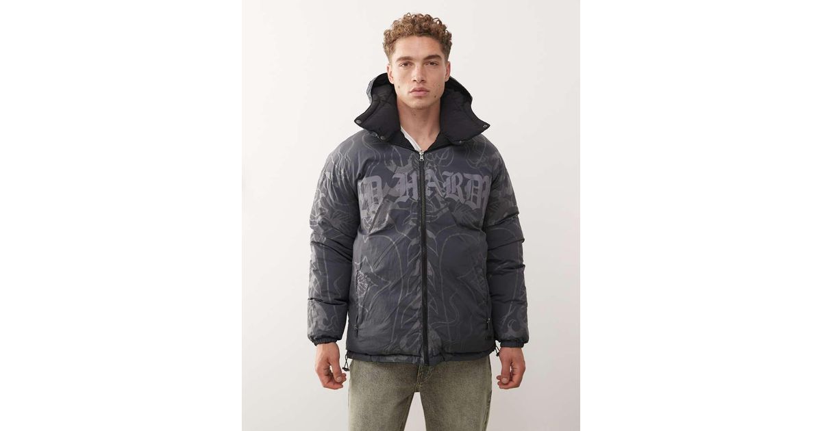 Ed Hardy Flaming Rose Outline Reversible Puffer Coat in Grey for Men ...