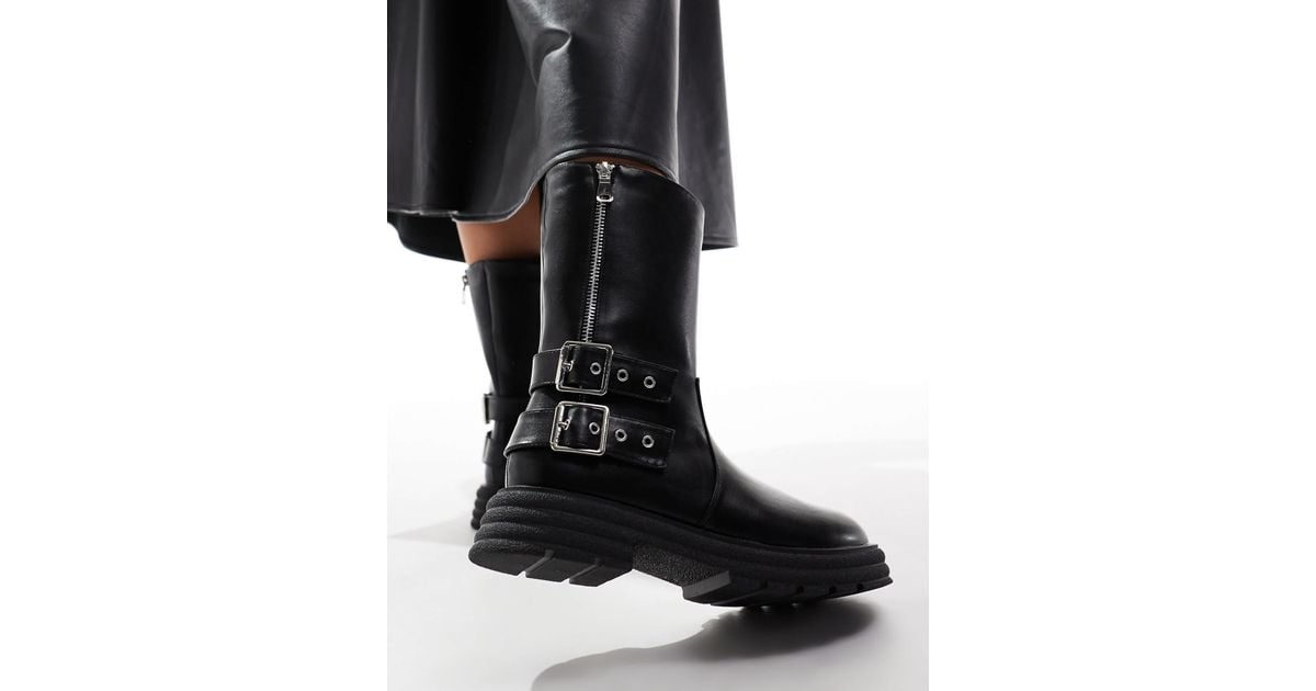 Glamorous Chunky Chelsea Boots With Buckles And Zip in Black | Lyst