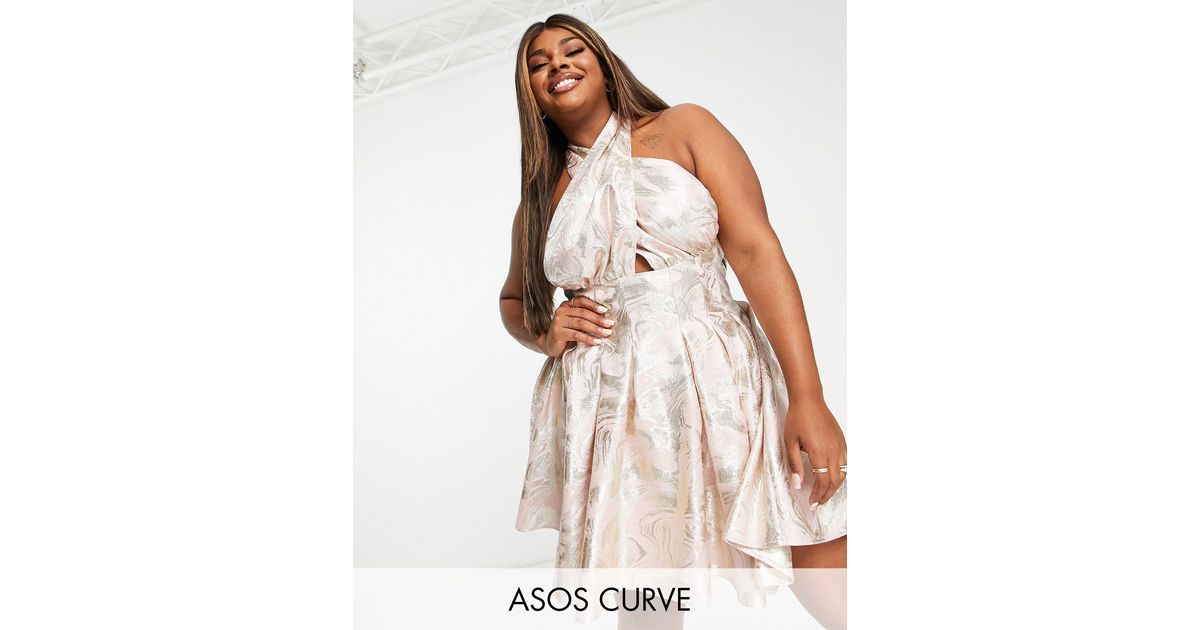 Asos Curve Halter Neck Mini Jacquard Swing Dress In Natural Lyst