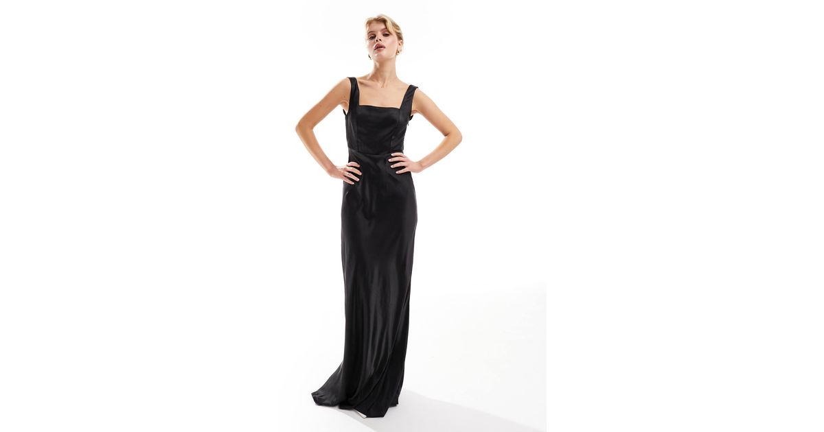 Six Stories Bridesmaid Square Neck Satin Maxi Dress in Black | Lyst