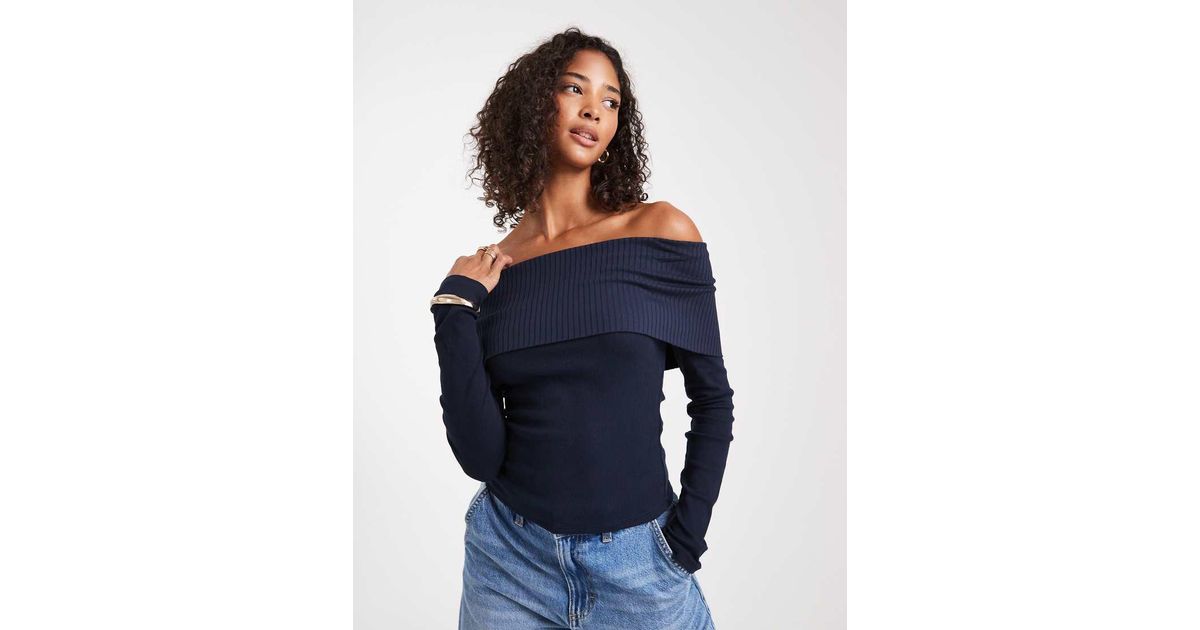 Miss Selfridge Mixed Rib Bardot Top in Blue | Lyst UK