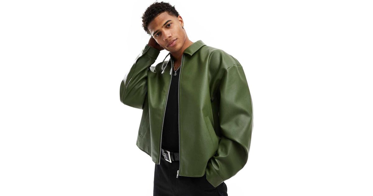 ASOS Boxy Oversized Faux Leather Harrington Jacket in Green for Men ...