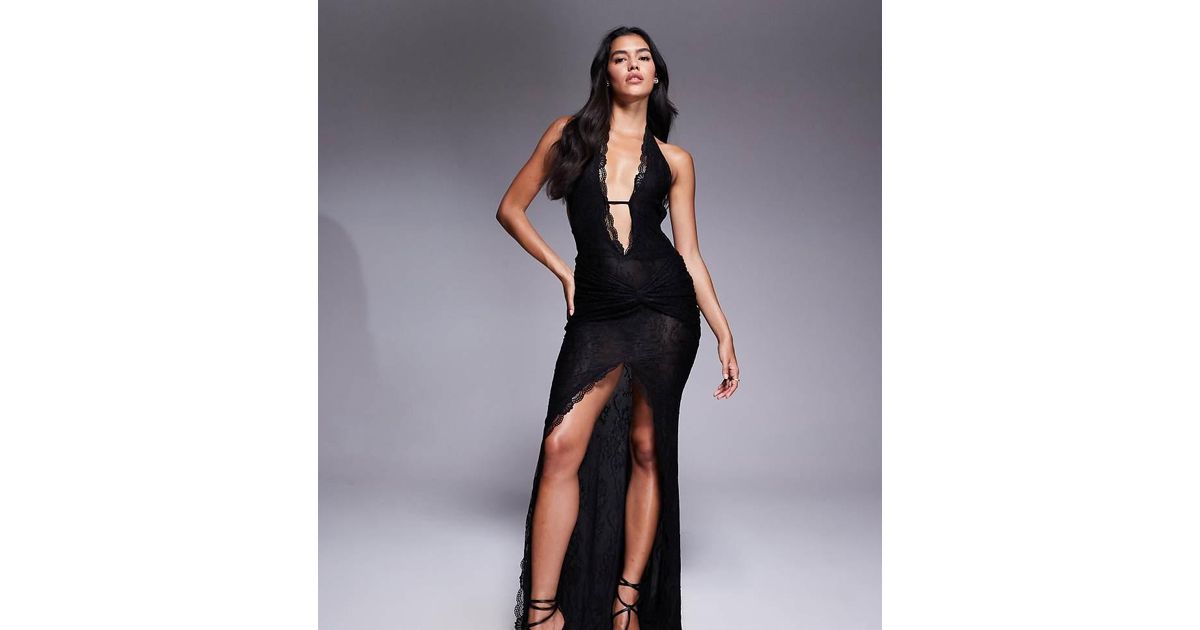 Murci Exclusive Lace Halterneck Deep Plunge Front Split Maxi Dress in ...