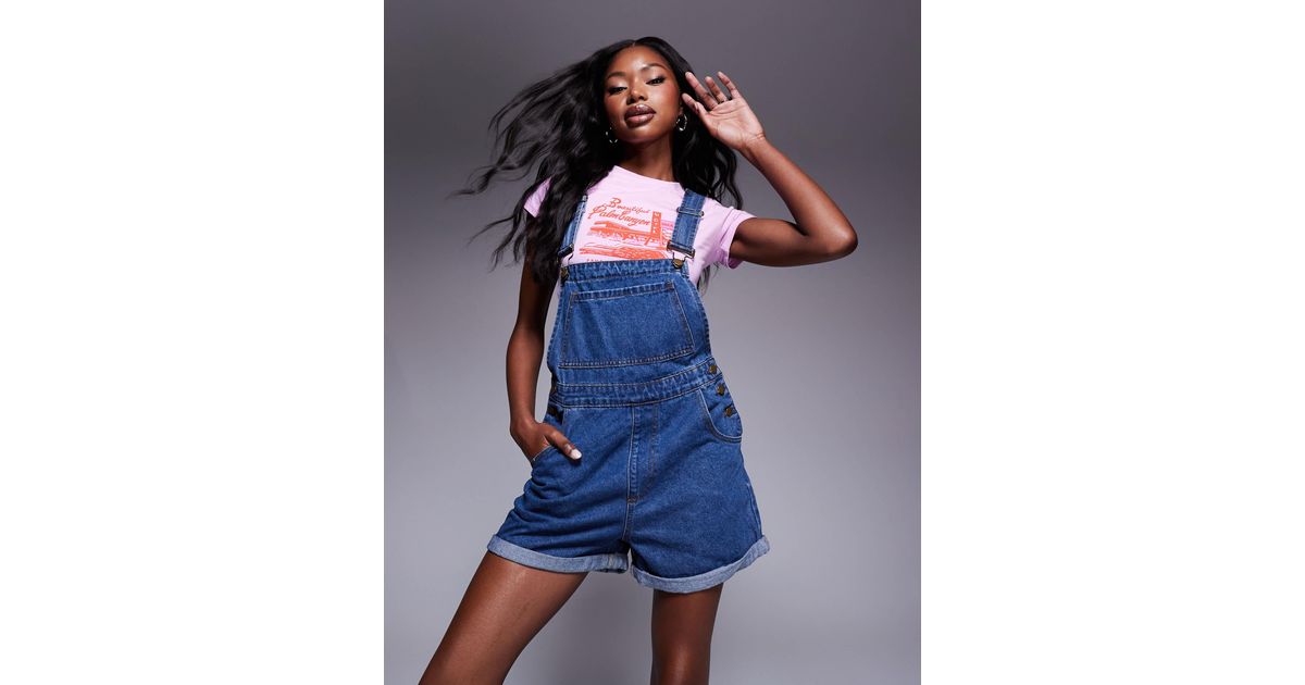 Princess Polly Pocket Front Denim Dungarees in Blue | Lyst