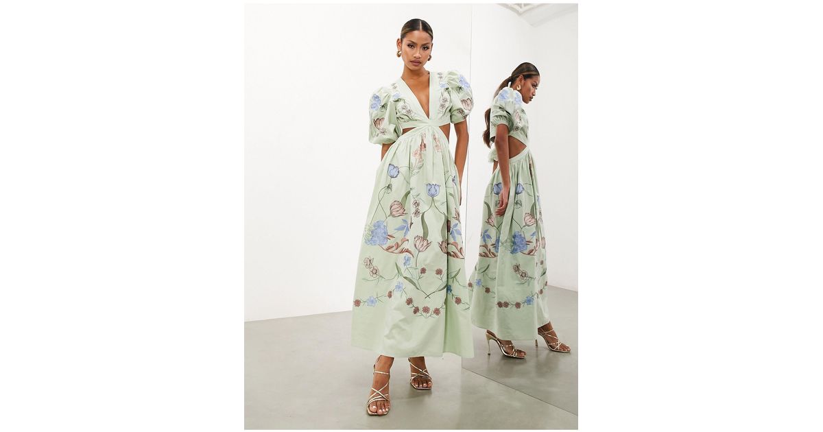 ASOS Floral Embroidered Cut Out Puff Sleeve Midi Dress in Green | Lyst