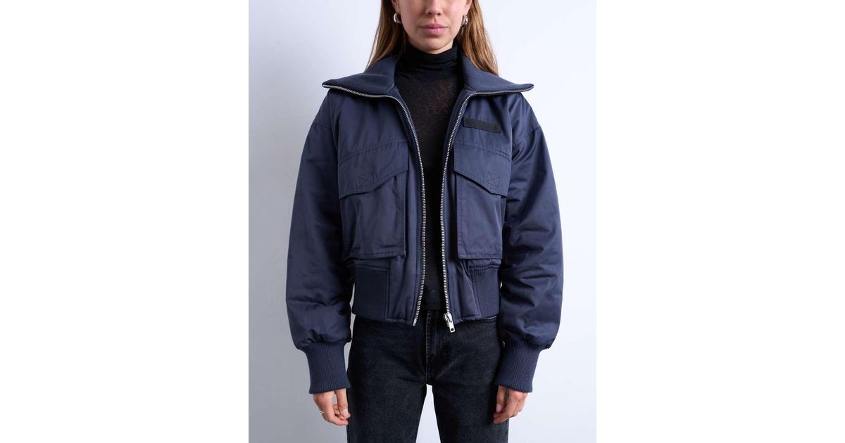 TOPSHOP Rib Wide Collar Short Bomber Jacket in Blue | Lyst UK