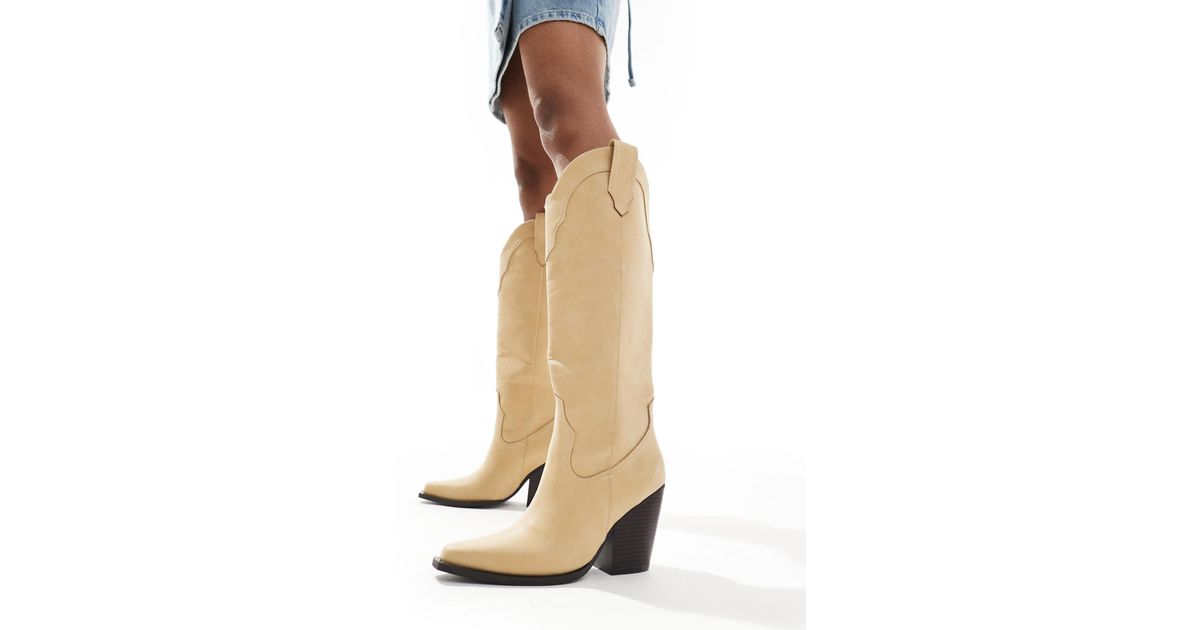 ASOS Claudette Western Knee Boots in Natural | Lyst