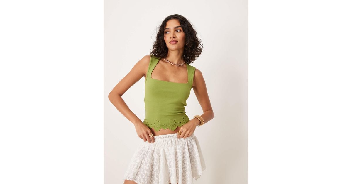 ASOS Cutwork Embroidered Hem Square Neck Cami Top in Green | Lyst