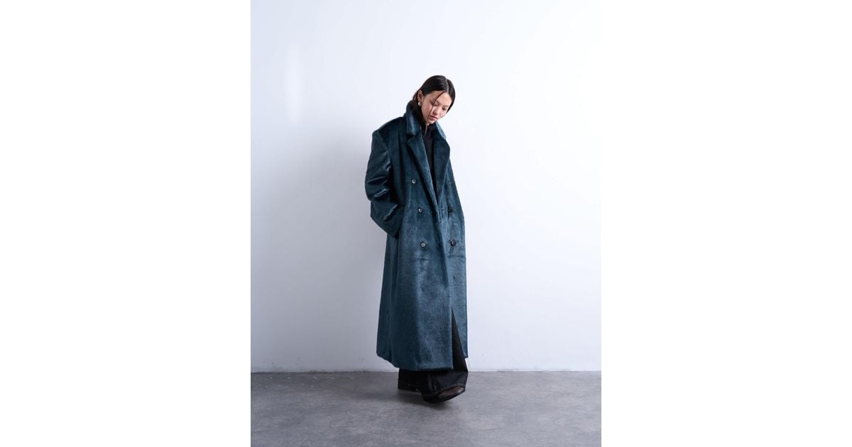 TOPSHOP Faux Fur Longline Double Breasted Coat in Blue | Lyst
