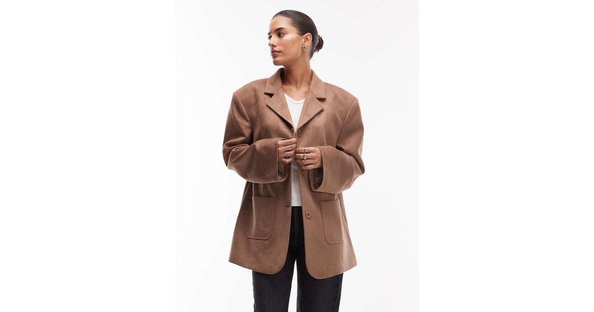 ASOS Faux Suede High Break Oversized Blazer in Brown | Lyst UK
