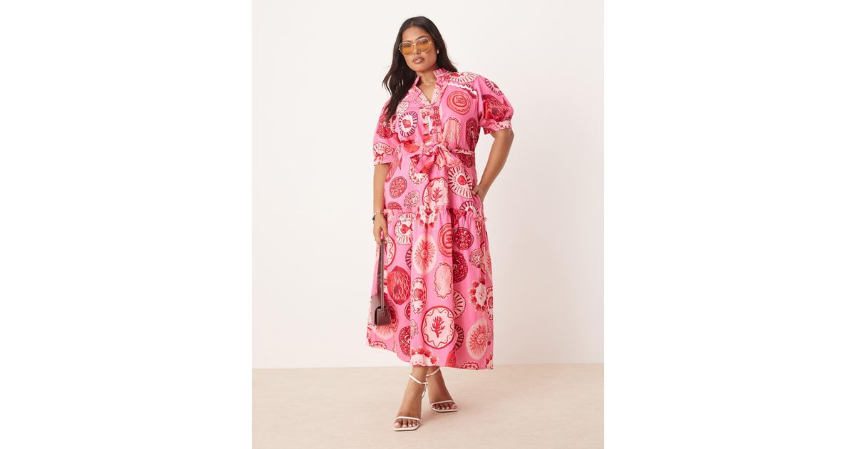 Hope & Ivy Plus Puff Sleeve Midi Shirt Dress in Pink | Lyst