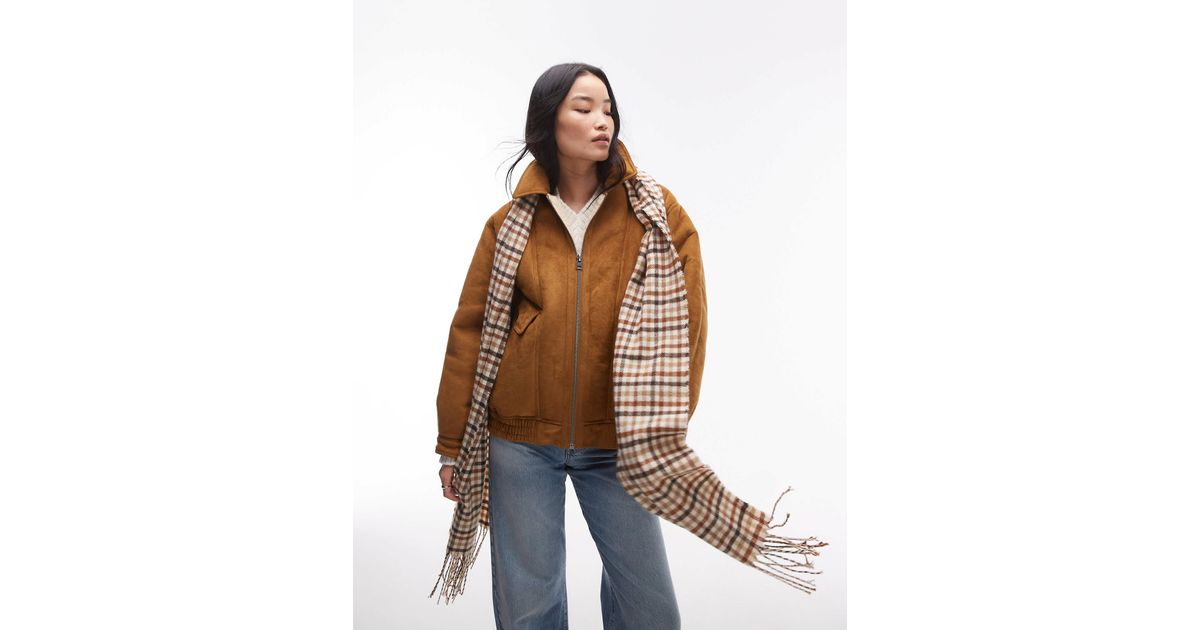TOPSHOP Faux Suede Borg Bomber Jacket in Brown | Lyst