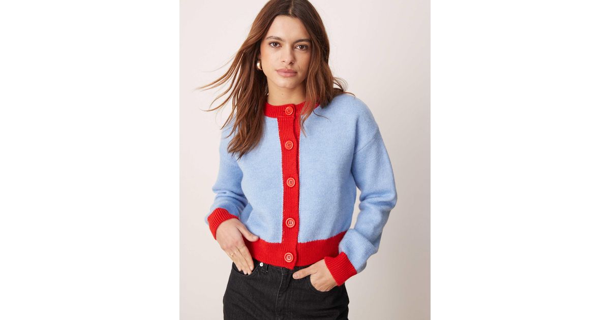 ASOS Fluffy Knit Cardigan With Contrast Tipping in Red | Lyst