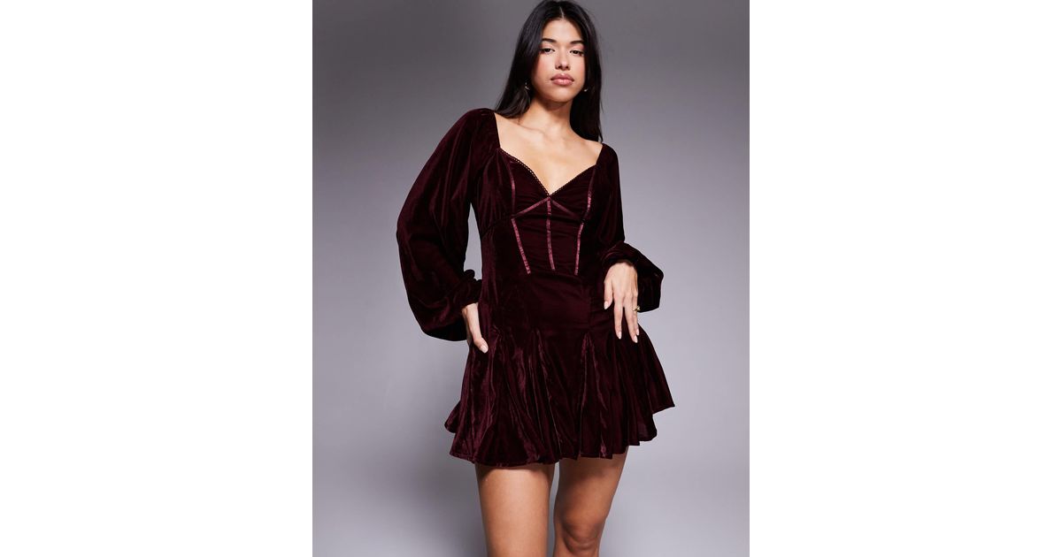 ASOS Velvet Corset Detail Blouson Sleeve Mini Dress in Purple | Lyst
