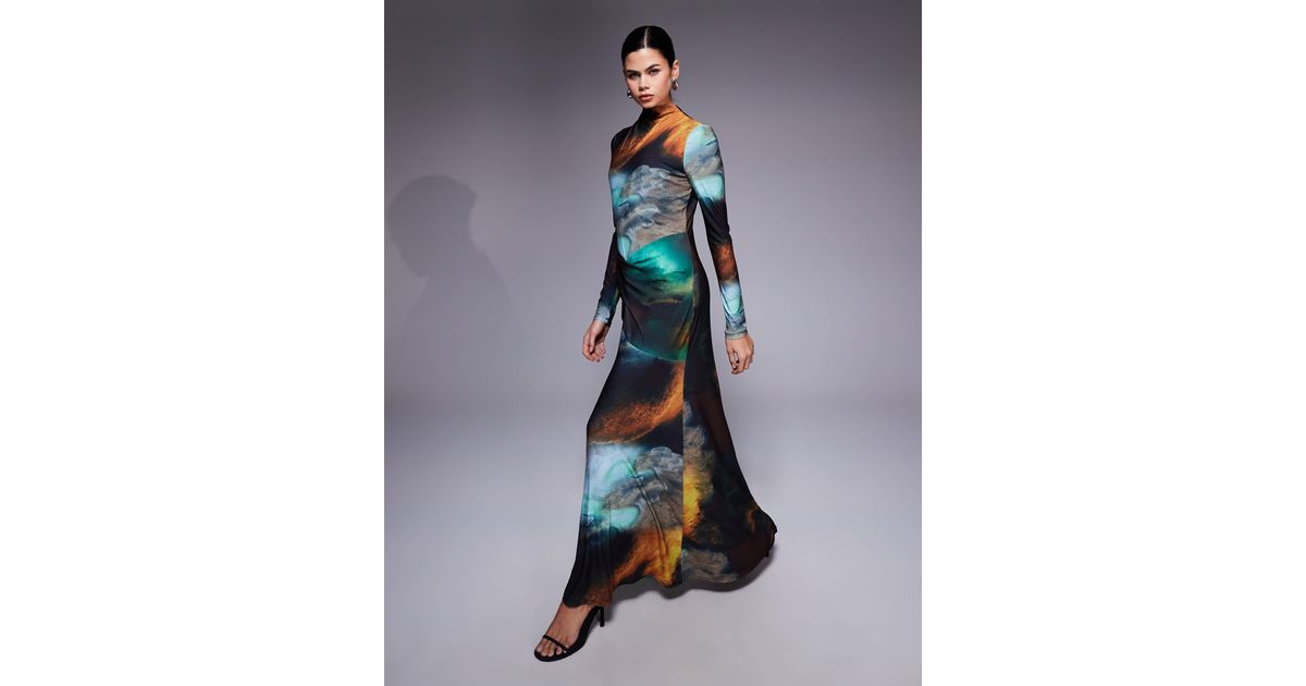DASKA High Neck Twist Drape Detail Maxi Dress in Blue | Lyst