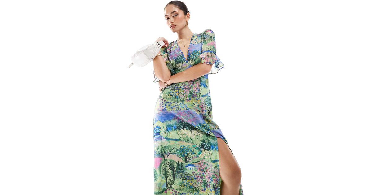 Hope & Ivy Frill Sleeve Thigh Split Open Back Maxi Dress in Blue | Lyst