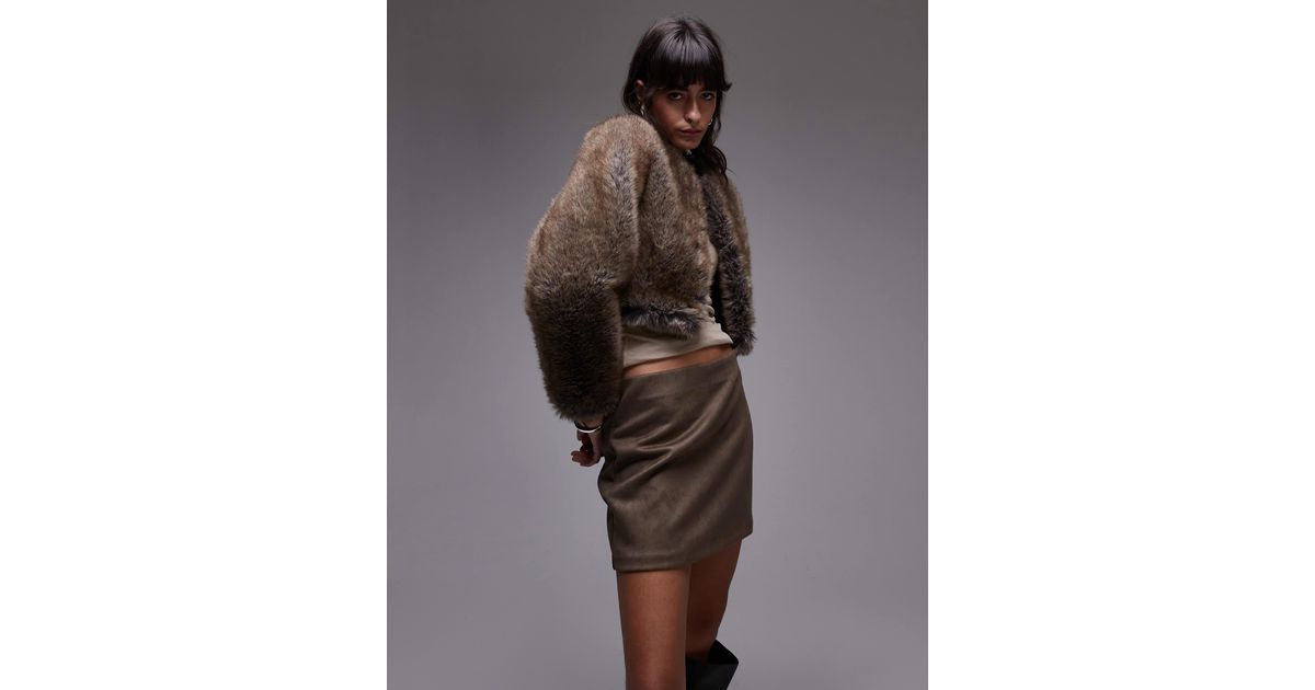 Mango Cropped Mixed Faux Fur Jacket in Brown | Lyst