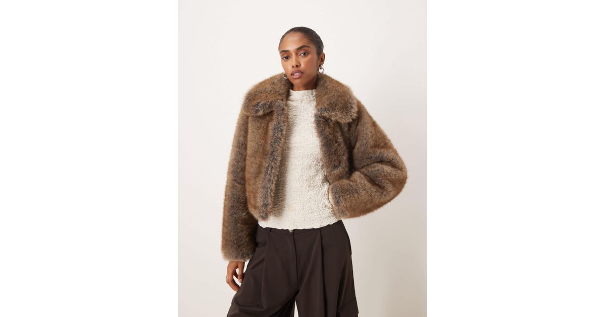 Mango Faux Fur Cropped Jacket With Collar Detail in Brown | Lyst