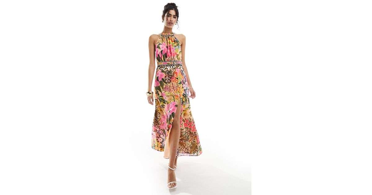 Hope & Ivy High Neck Maxi Dress With Thigh Split in White | Lyst