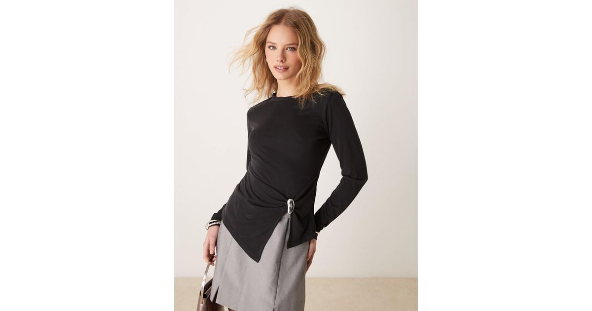 ASOS Long Sleeve Modal Twist Top With Silver Trim in Black | Lyst