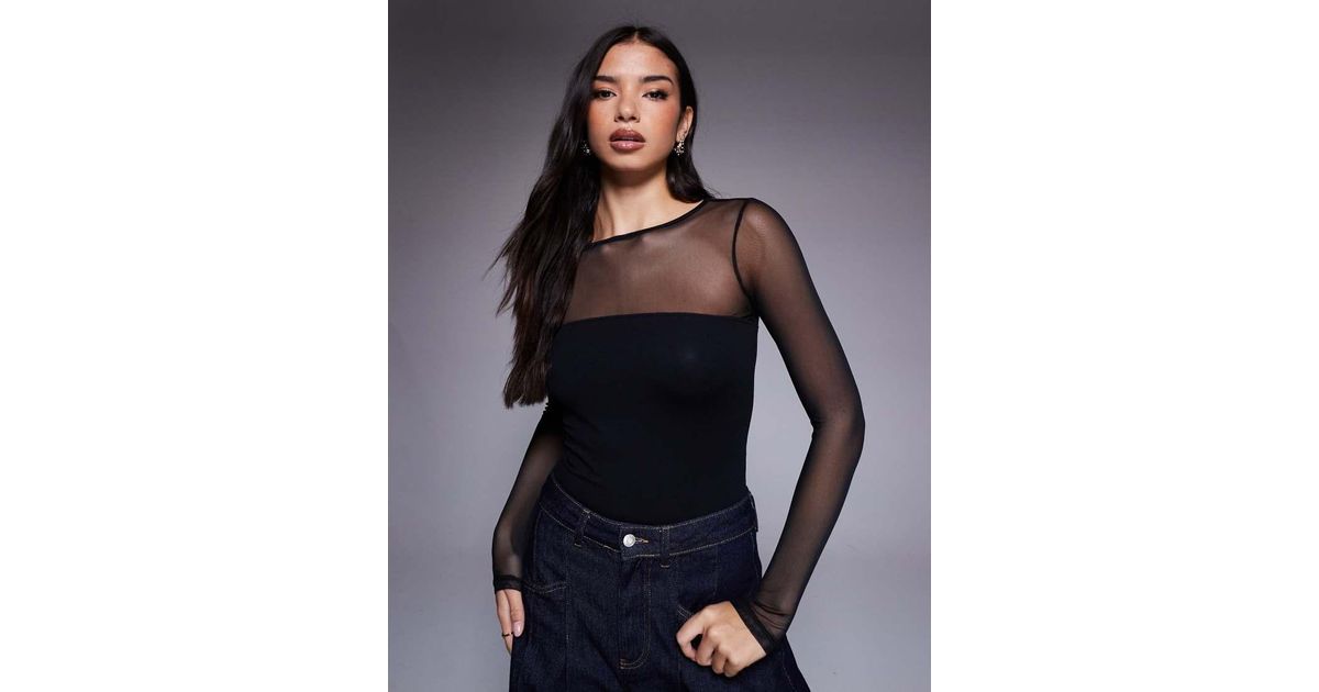 ASOS Mesh Mix Panel Long Sleeve Bodysuit in Blue | Lyst UK