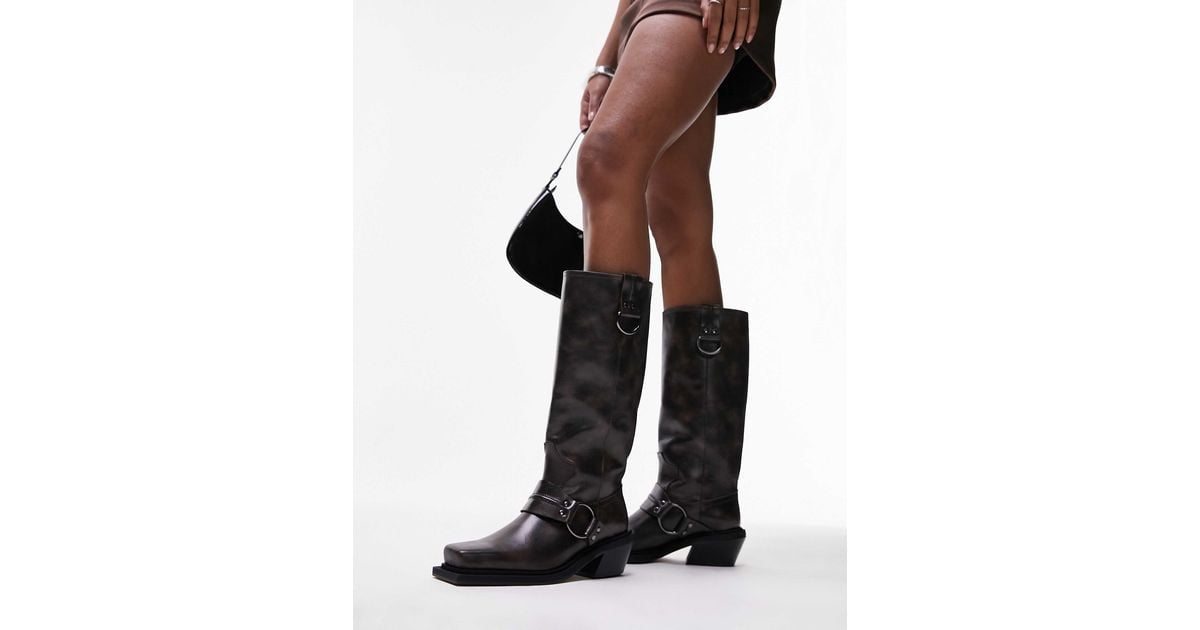 TOPSHOP Rain Premium Leather Western Knee Boots in Black | Lyst