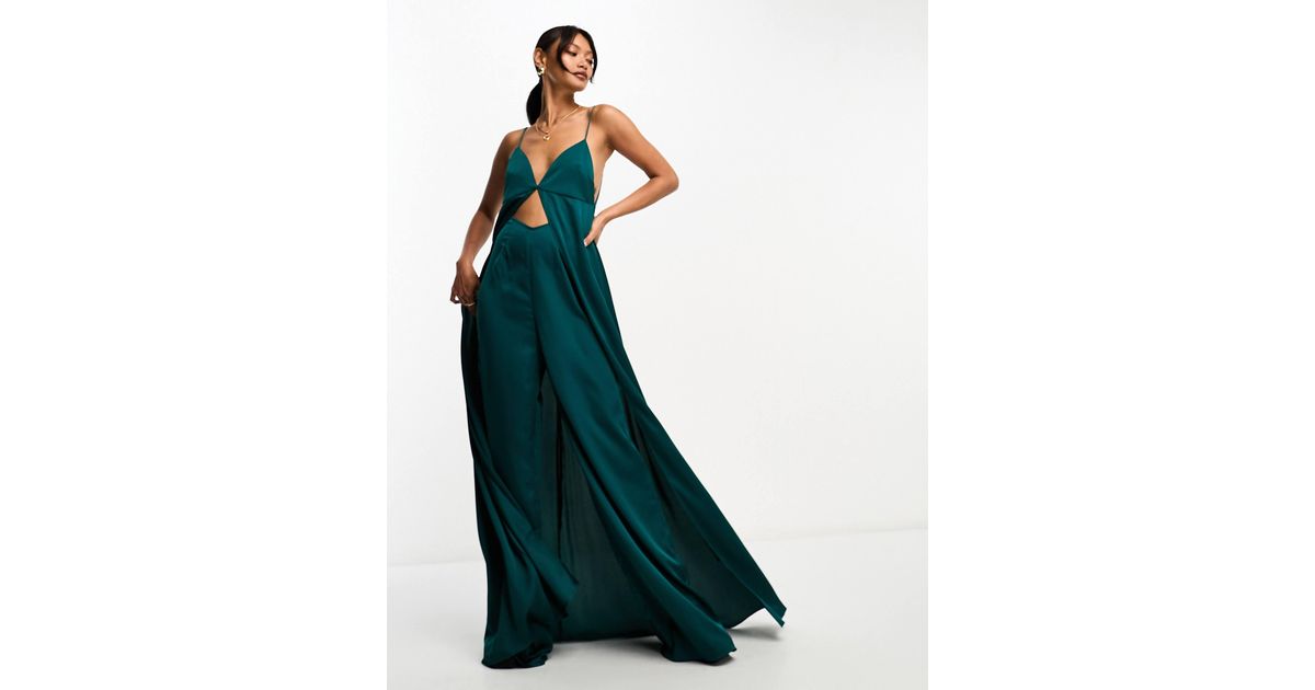ASOS Satin Cami Jumpsuit With Cut Out And Cape Overlay Detail in Blue ...