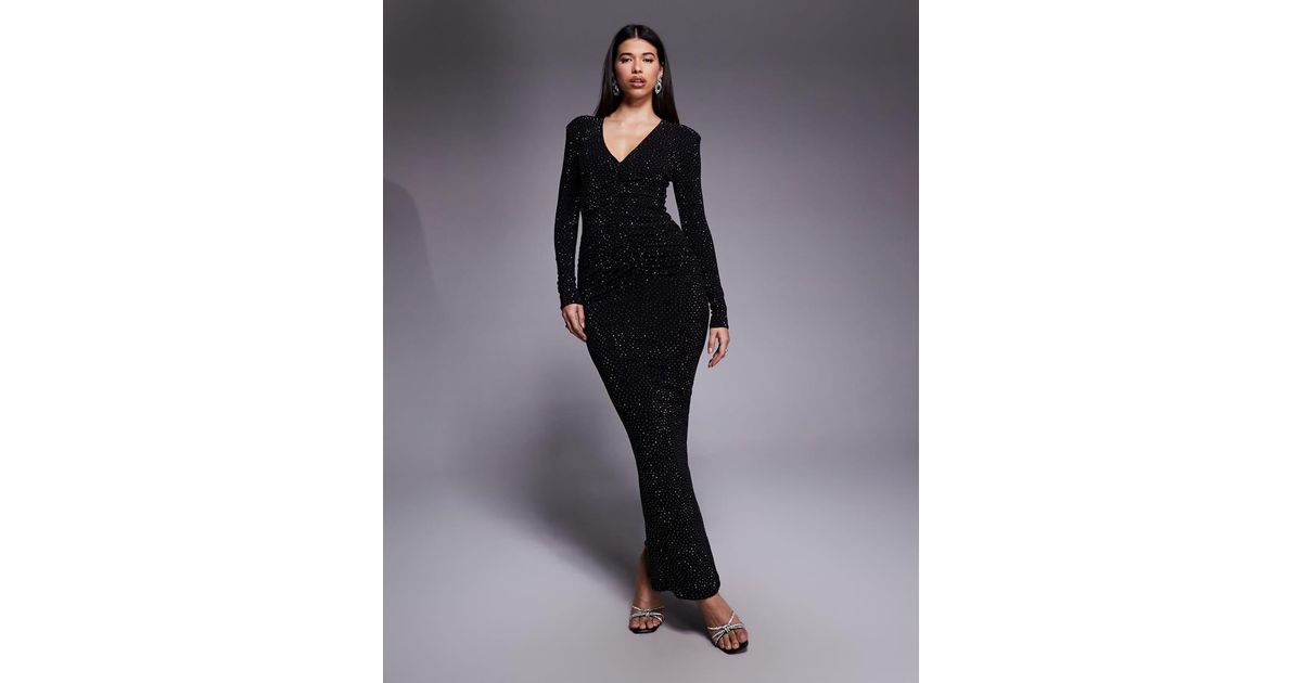 Wanderdoll Drew Sculpted Hot Fix Plunge Neck Ruched Detail Maxi Dress ...