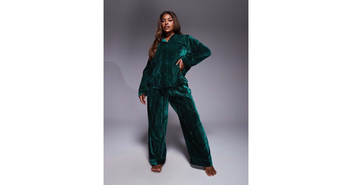 ASOS Asos Design Curve Velvet Texture Pajama Set in Blue | Lyst
