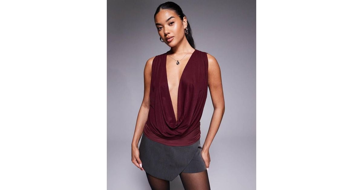 ASOS Semi Sheer Mesh Mix Plunge Drape Long Line Top in Purple | Lyst UK