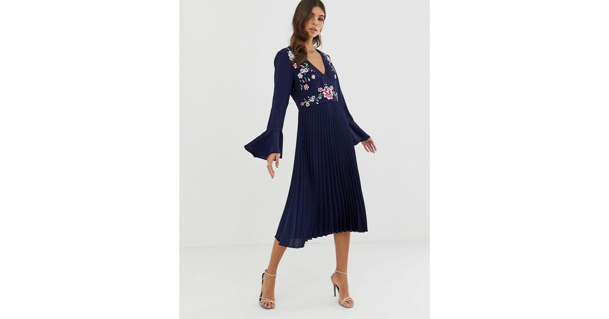 Asos Embroidered Pleated Midi Dress With Lace Inserts In Blue Lyst