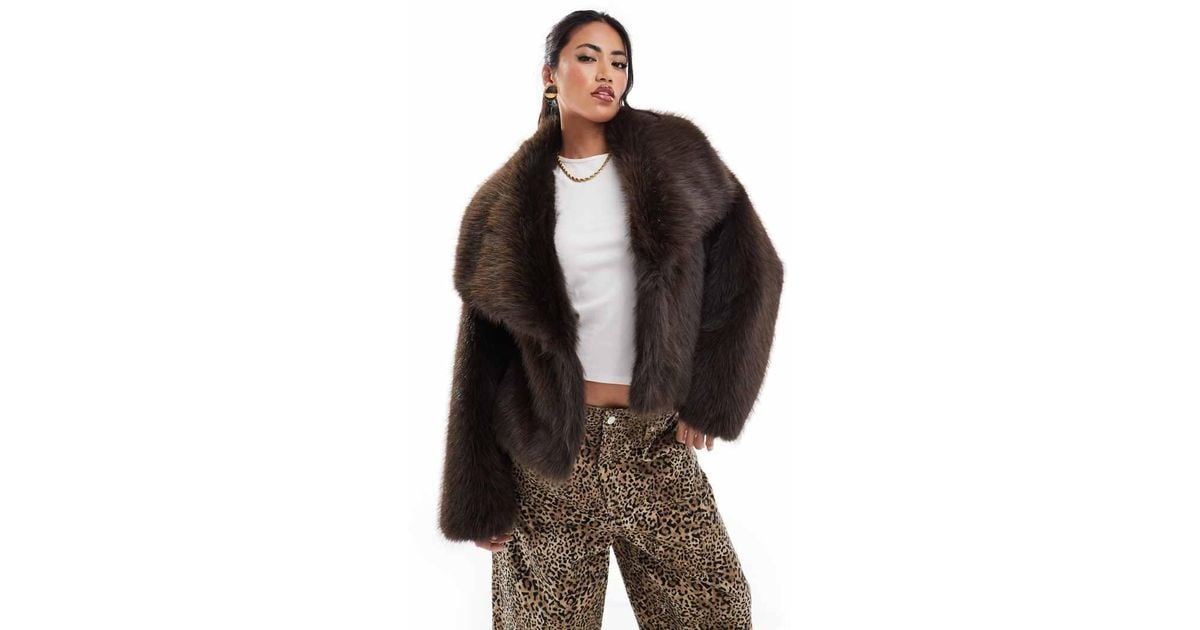 ASOS Cropped Faux Fur Jacket in Brown | Lyst UK