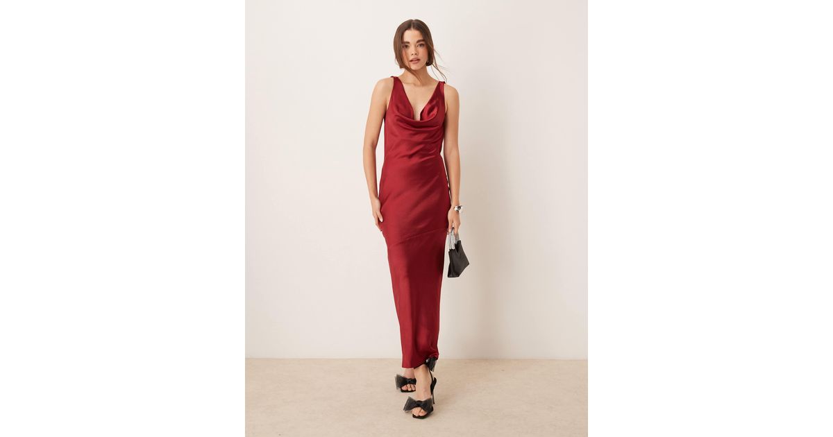 Gina Tricot Cowl Neck Low Back Satin Bias Cut Maxi Dress in Red | Lyst