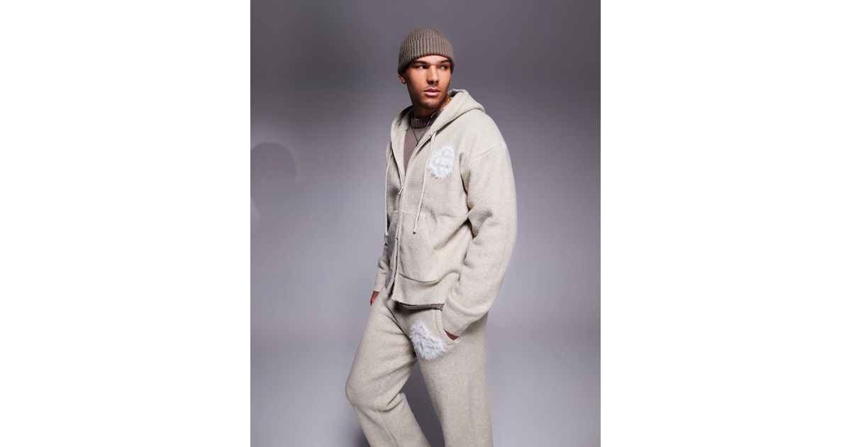 The Couture Club Fluffy Knit Emblem Zip Through Hoodie in Natural for ...