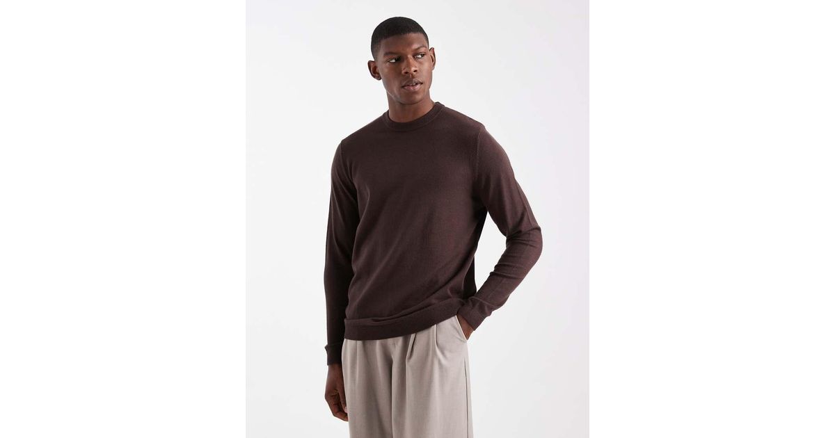 ASOS Knit Crew Neck Sweater in Brown for Men | Lyst UK