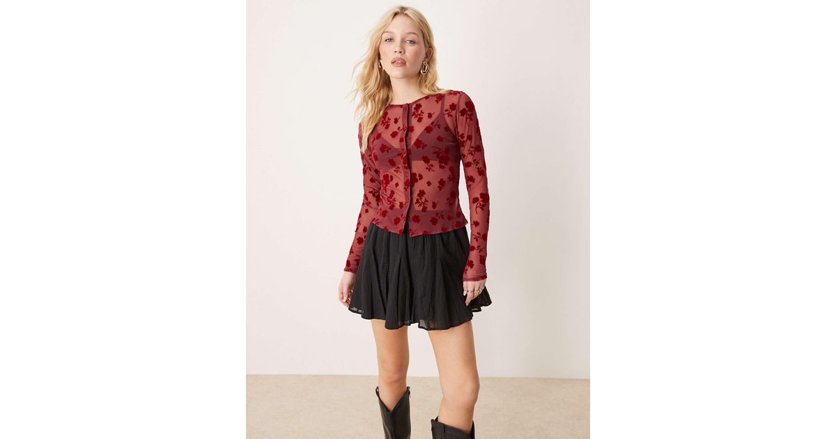 ASOS Sheer Floral Burn Out Cardigan in Red | Lyst