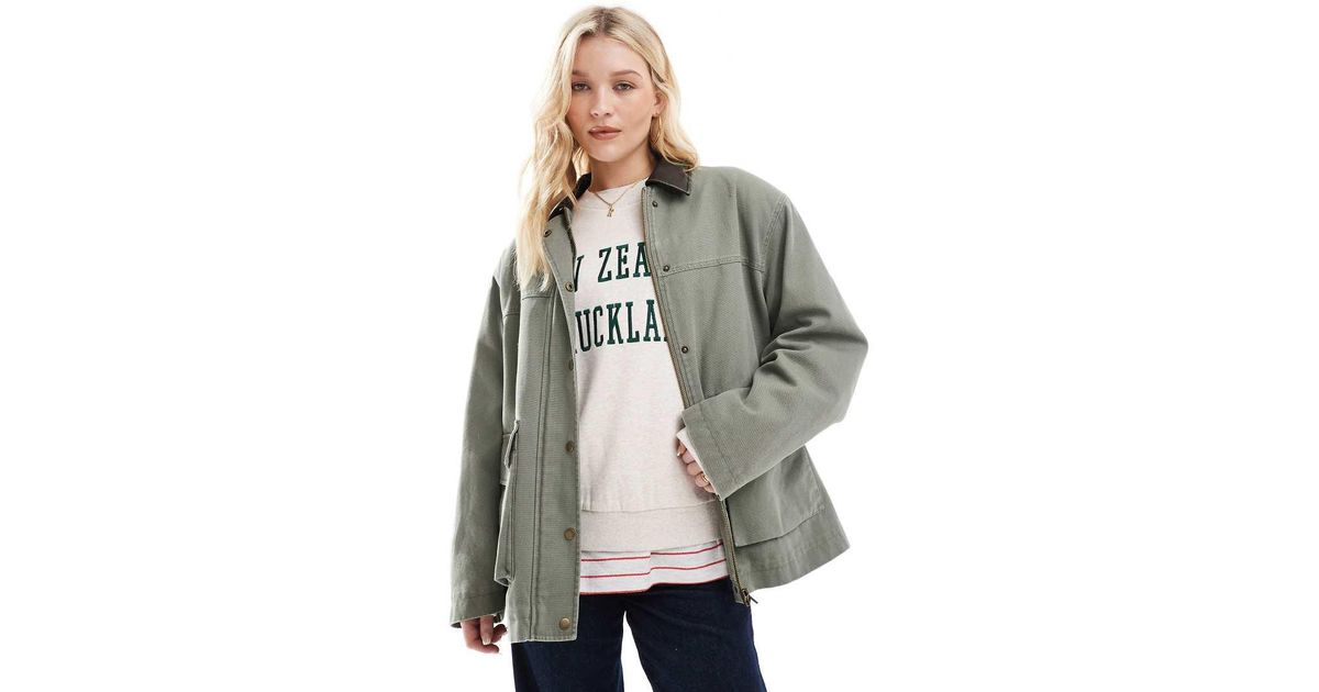 ASOS Oversized Washed Barn Jacket With Leather Look Collar in Grey ...