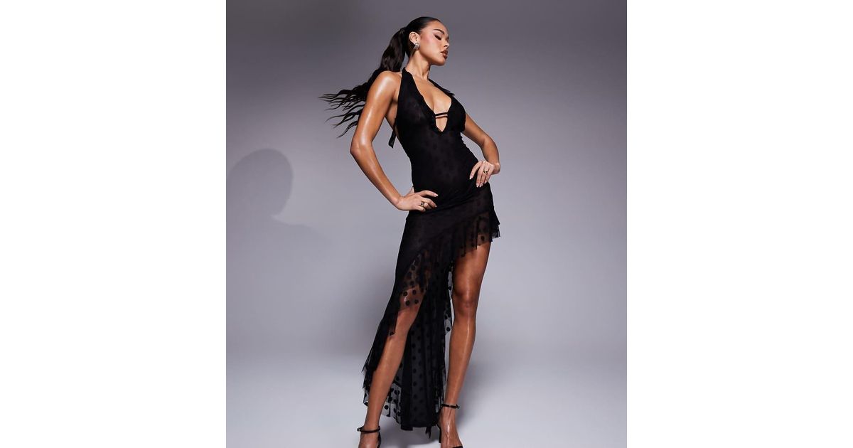 Murci Exclusive Halterneck Deep Plunge Asymmetric Mesh Maxi Dress in ...