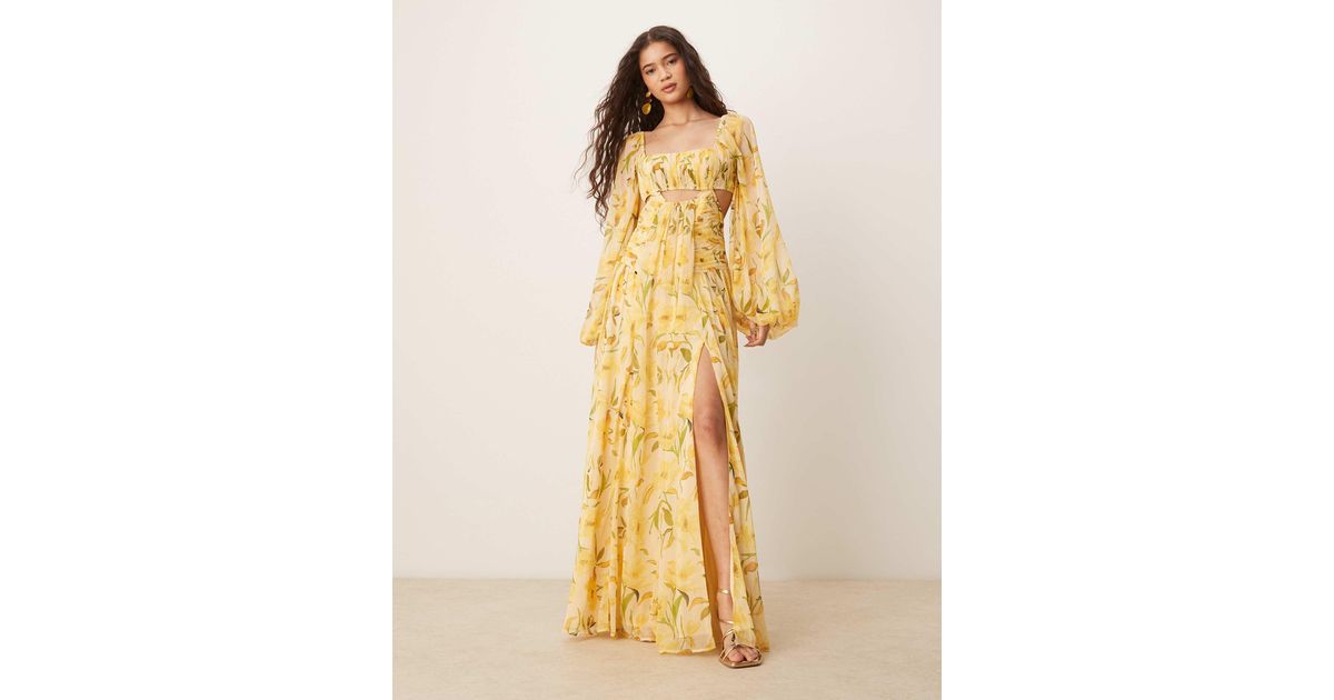 ASOS Long Sleeve Cut Out Maxi Dress With Ruched Skirt in Yellow | Lyst
