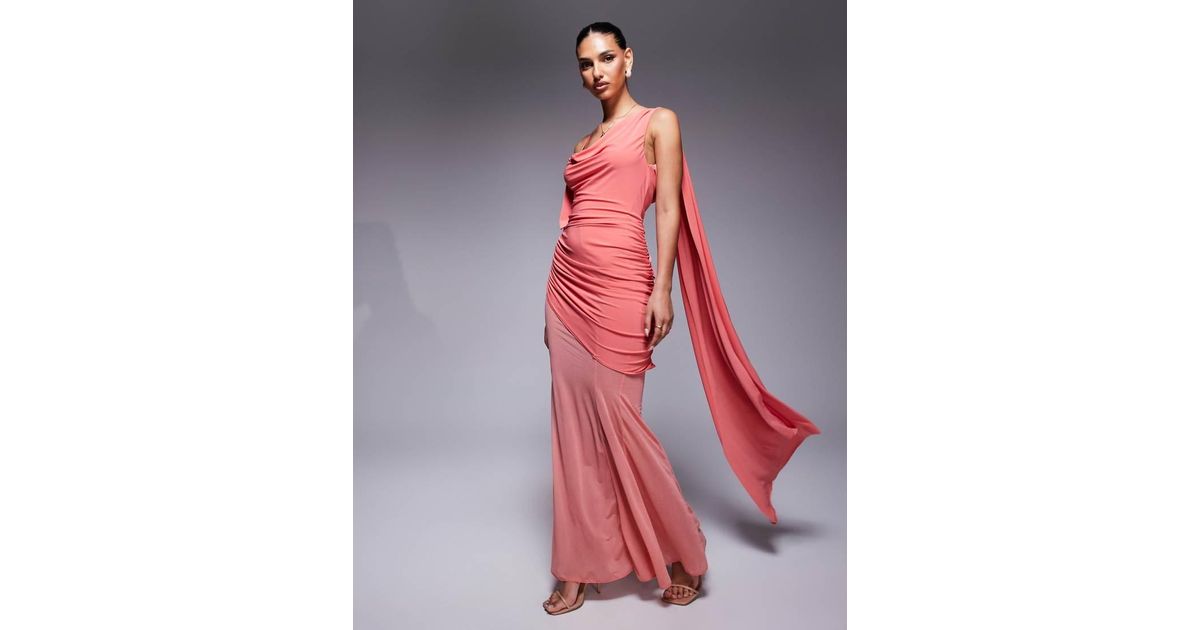 ASOS Asymmetric Slinky Ruched Maxi Dress With Sheer Skirt in Red | Lyst UK