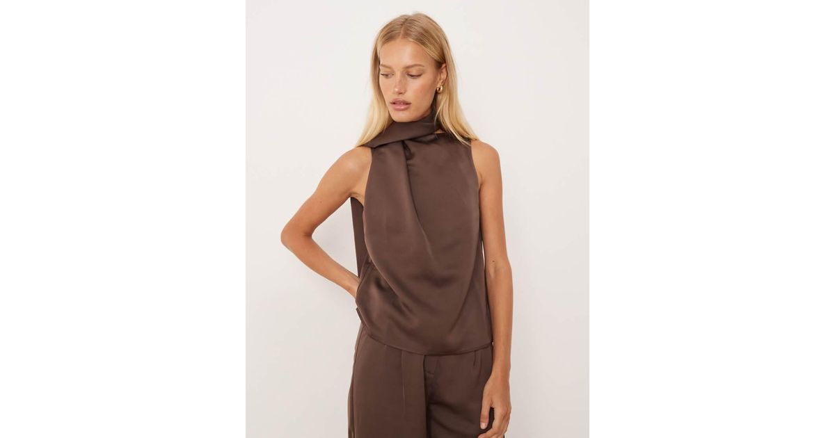 Pretty Lavish Scarf Neck Satin Top in Brown | Lyst UK